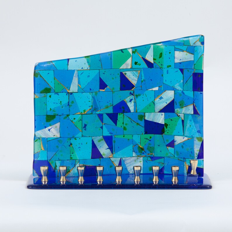 READY TO SHIP: Blue Mosaic Menorah, Art Glass Menorah, Judaica ...