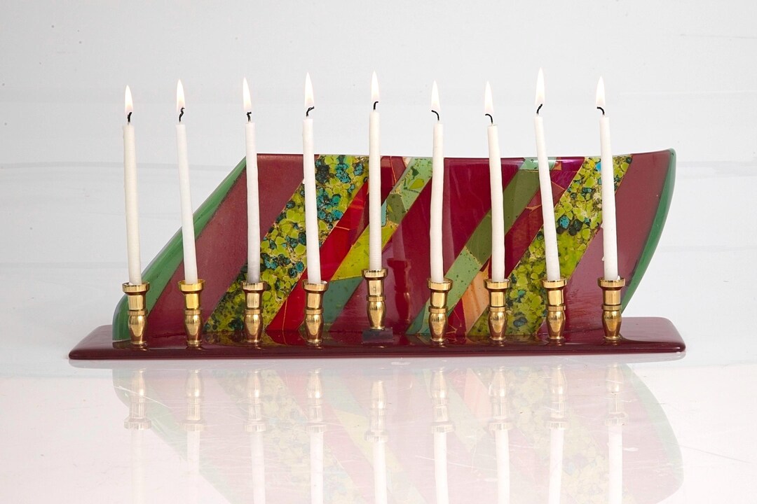 READY TO SHIP: Waves of Light Menorah, Art Glass Menorah, Red and Green ...