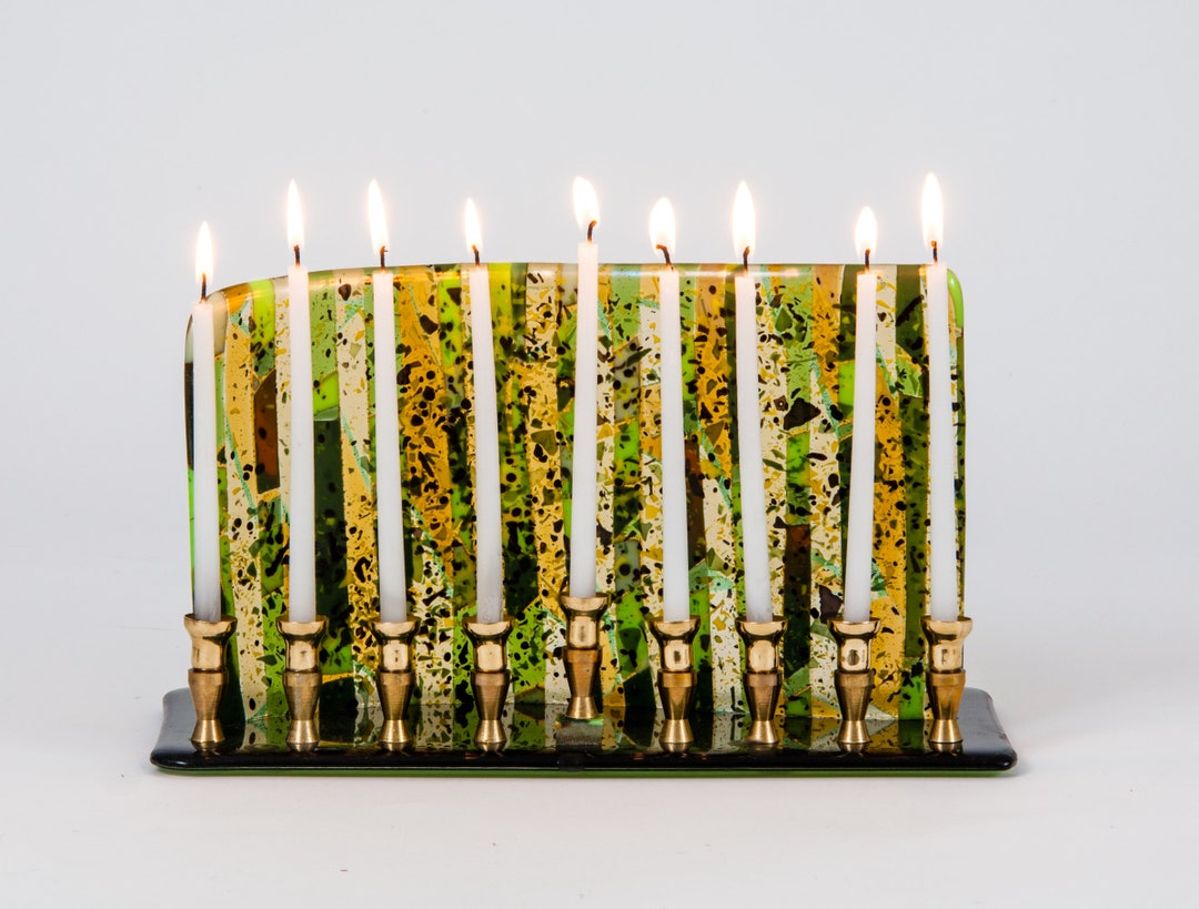 Green Forest Menorah, Art Glass Menorah, Handmade, Collectibles ...
