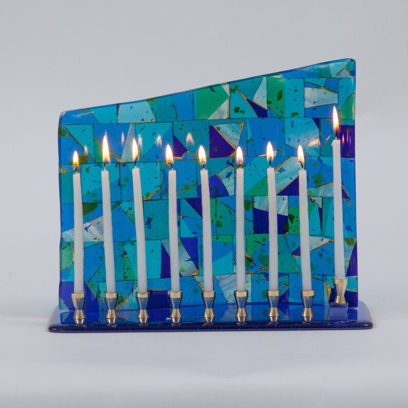 READY TO SHIP: Blue Mosaic Menorah, Art Glass Menorah, Judaica ...