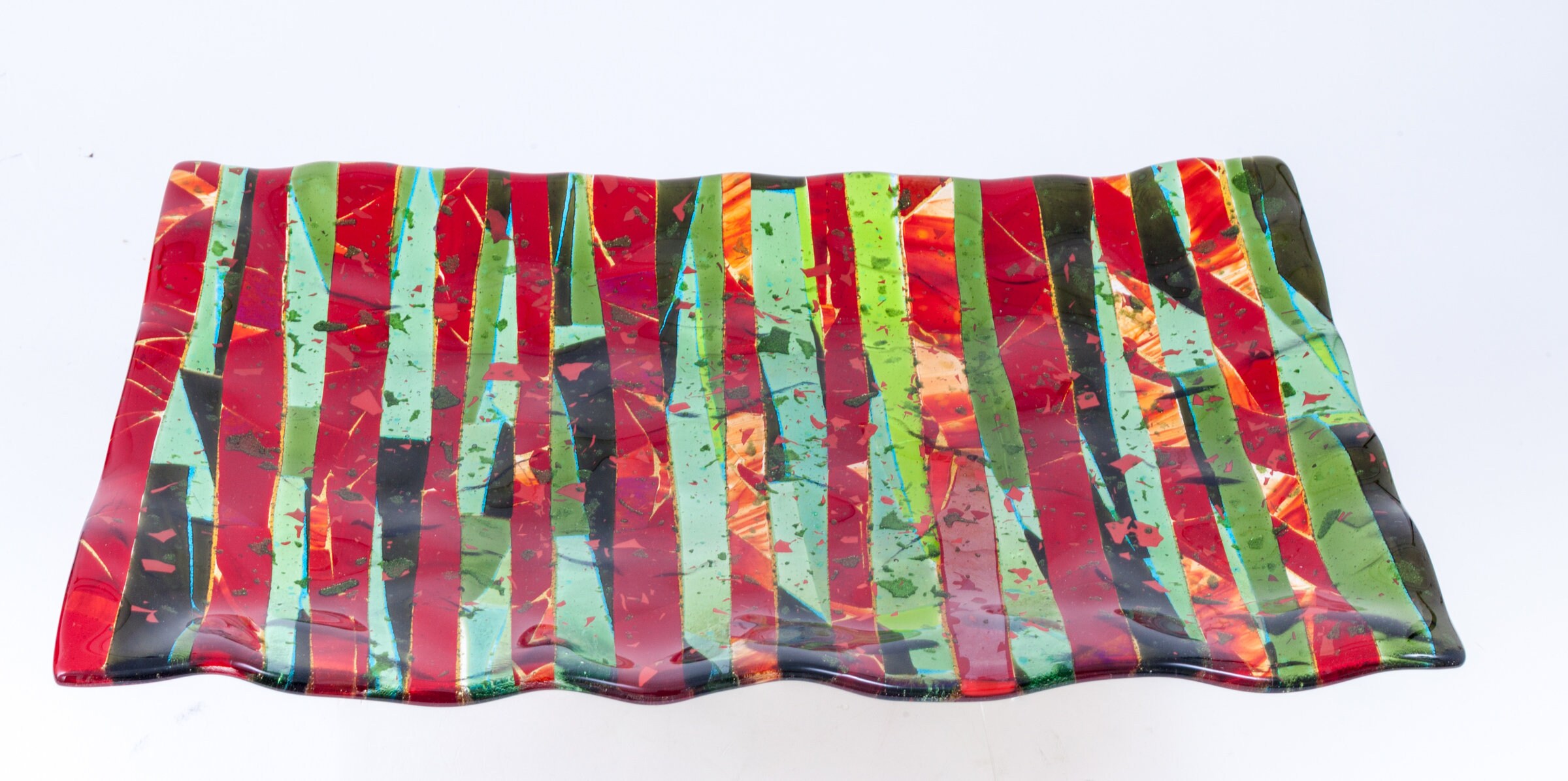Striped Fused Glass Platter, Art Glass Platter, Holiday Platter in Red ...