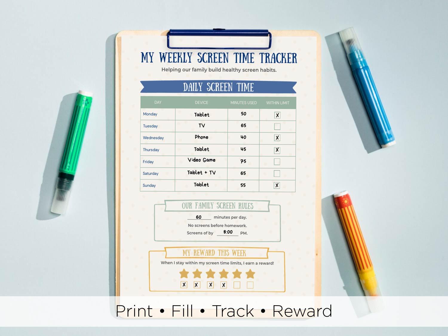 Weekly Screen Time Tracker for Kids | Family Screen Rules Chart ...