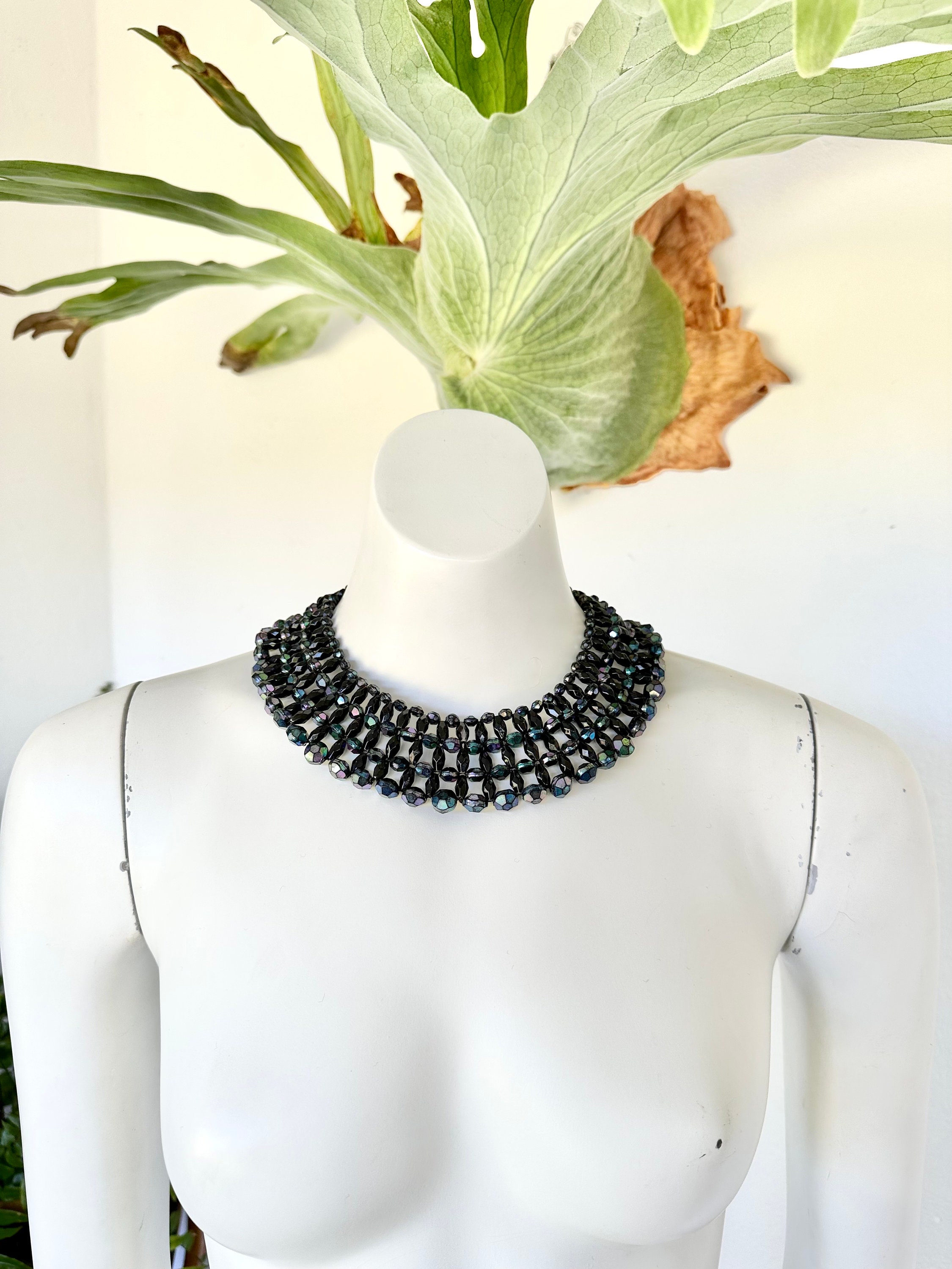 1960s Black Statement Bib Choker Necklace Beaded Collar Faceted Plastic ...
