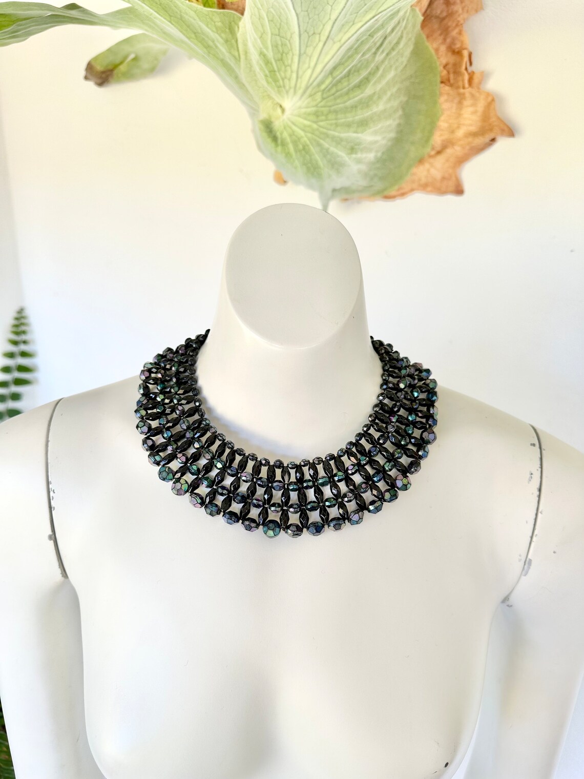 1960s Black Statement Bib Choker Necklace Beaded Collar Faceted Plastic ...