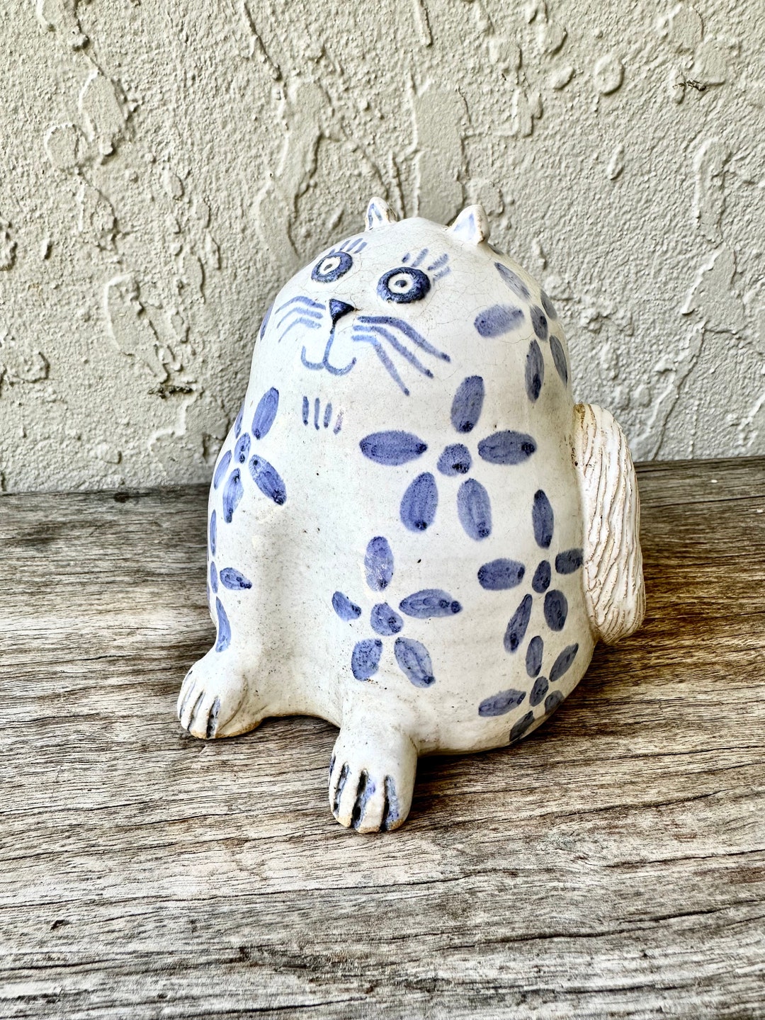1980s Burnham Wells Pottery Cat Blue White Floral Whimsical Collectable ...