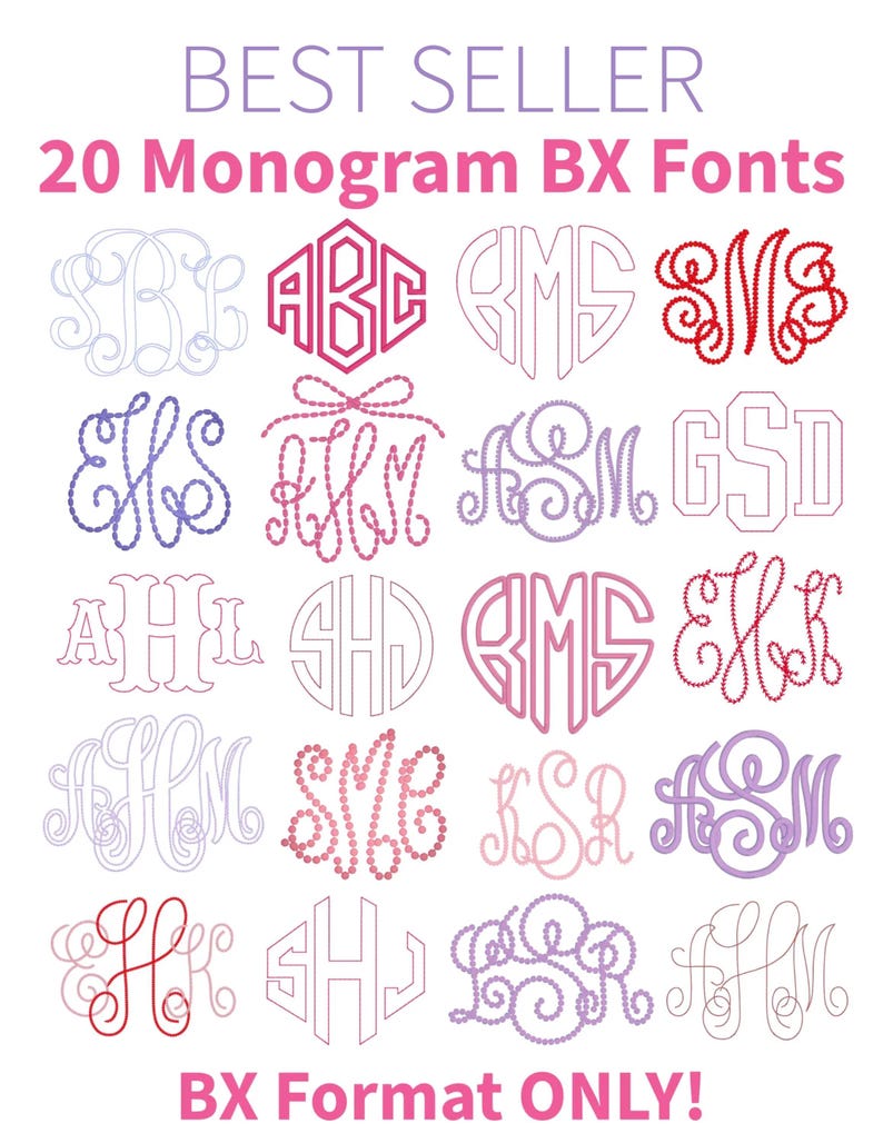 20 BX Embroidery Monogram Fonts Bundle: Chain, Bean, Pearls, Satin ...