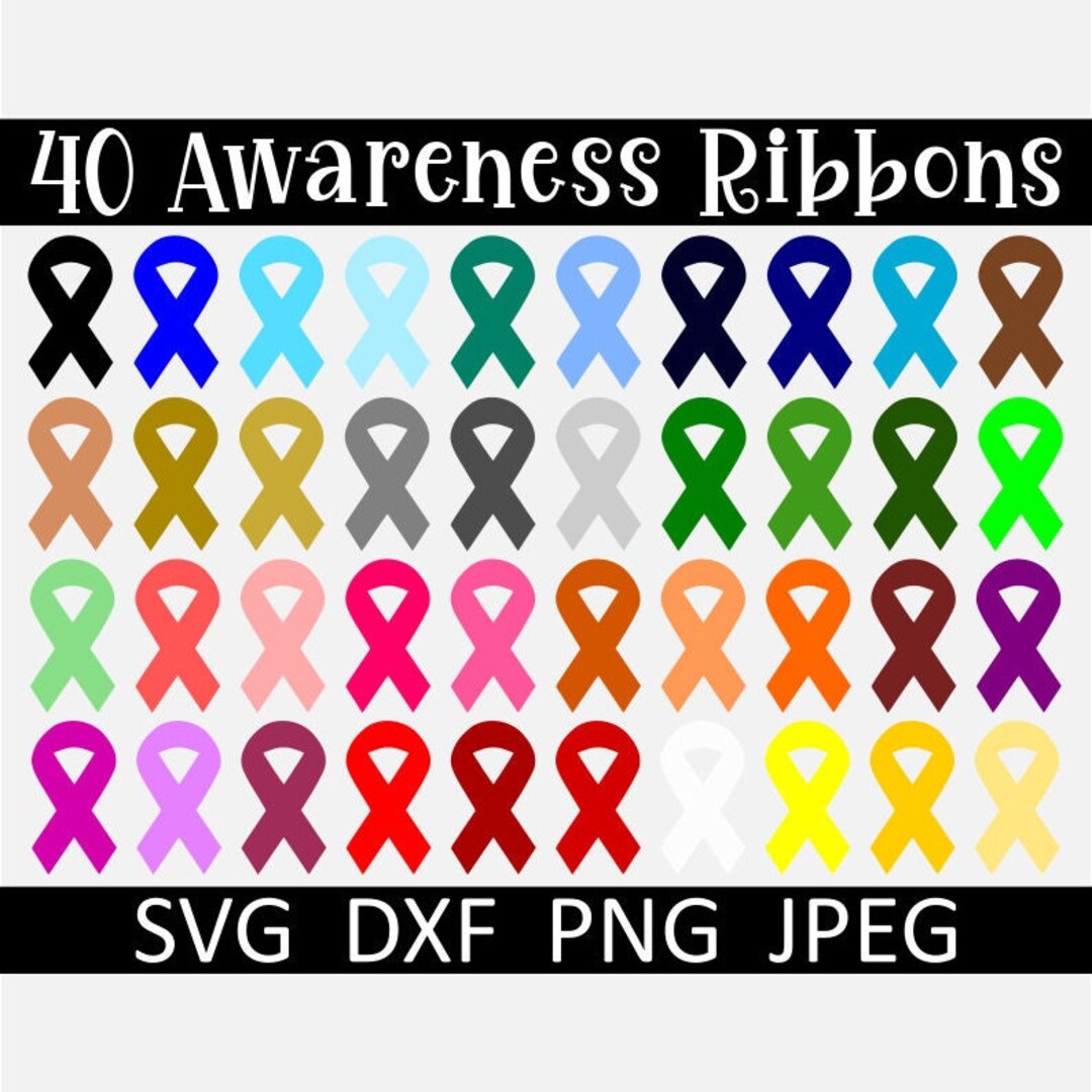 Awareness Ribbon SVG Bundle, 40 Ribbon Clipart Colors, Digital Download ...