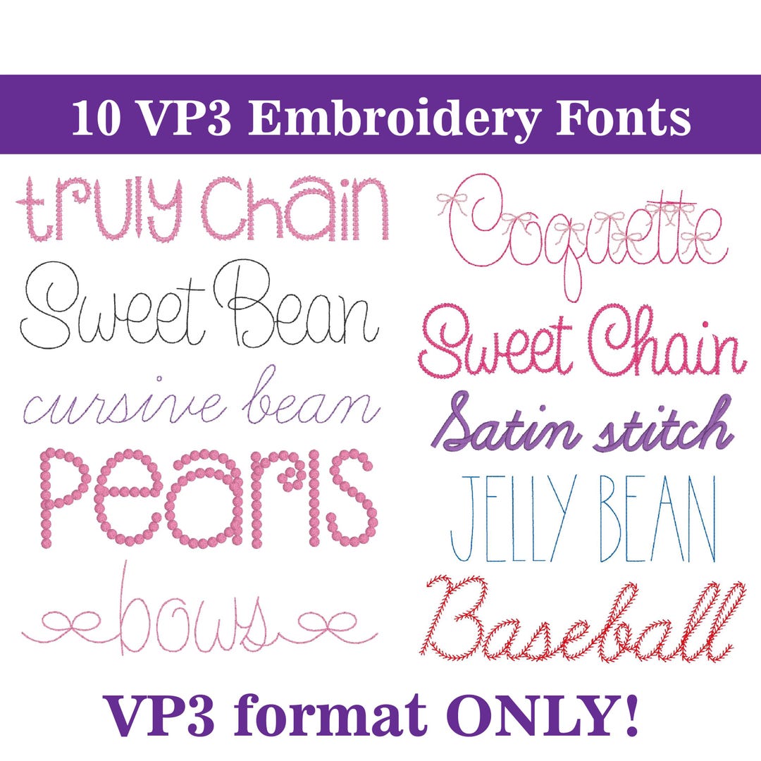 10 Embroidery Fonts: Bean Stitch Cursive, Chain, Pearls, Bows, VP3 ...