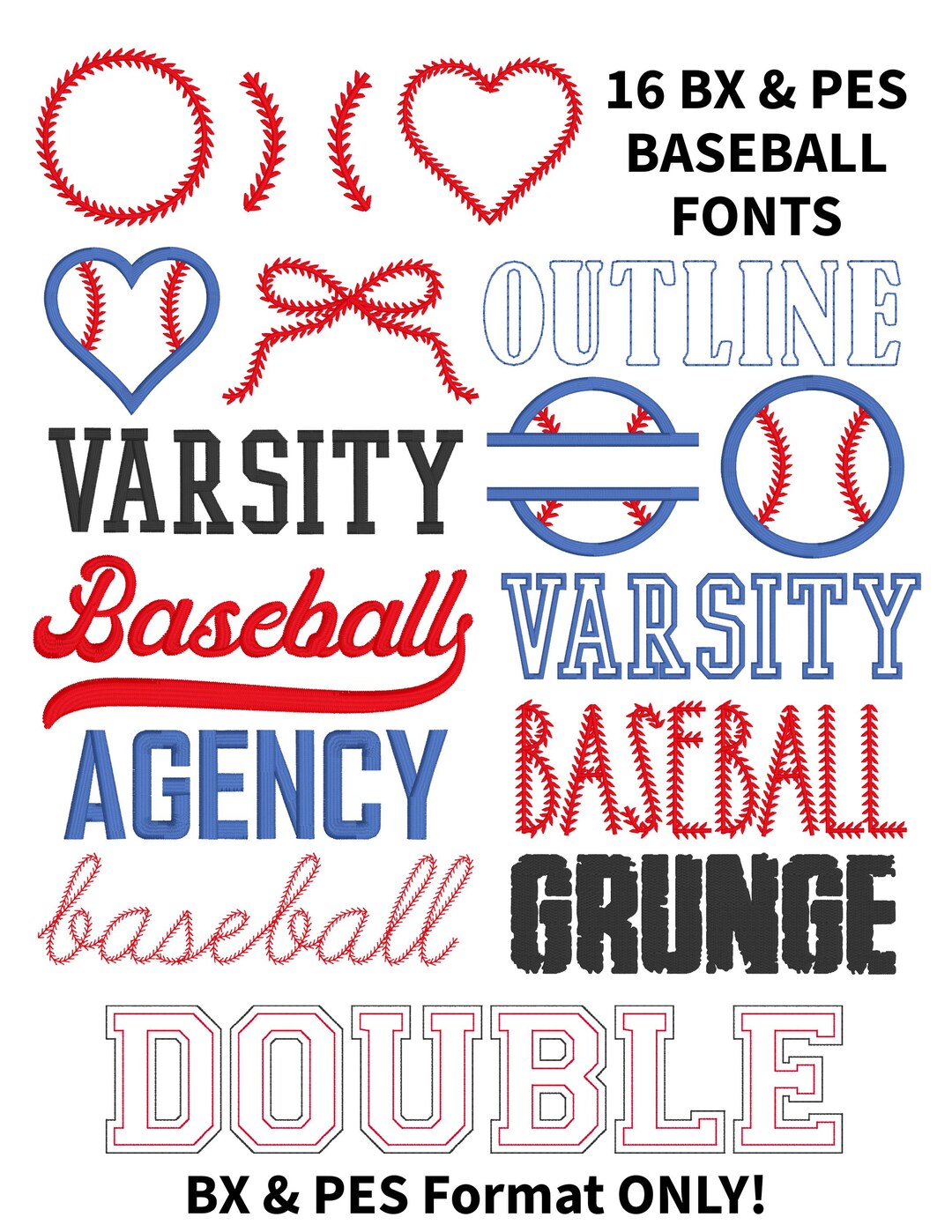 16 Baseball BX Embroidery Fonts Bundle, BX and PES Format Only ...