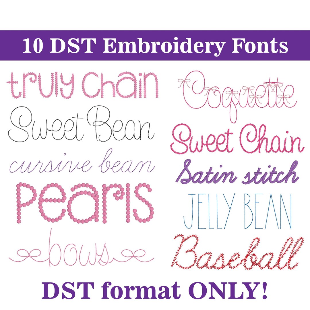 10 Embroidery Fonts: Bean Stitch Cursive, Chain, Pearls, Bows, DST ...