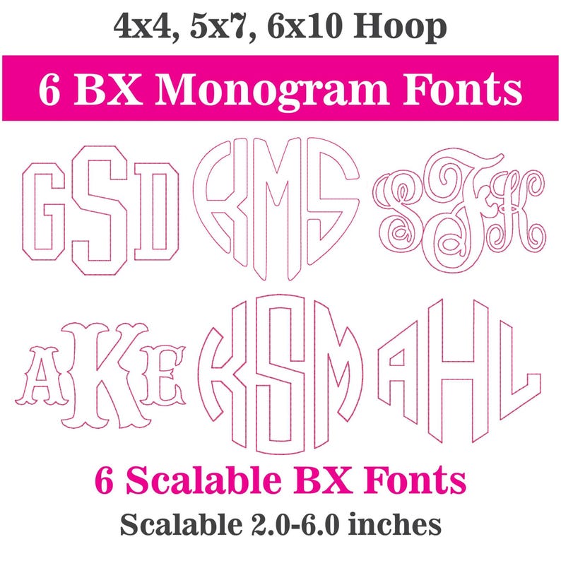 6 Monogram BX Embroidery Font Bundle: Bean Stitch Outline, 6 Scalable ...