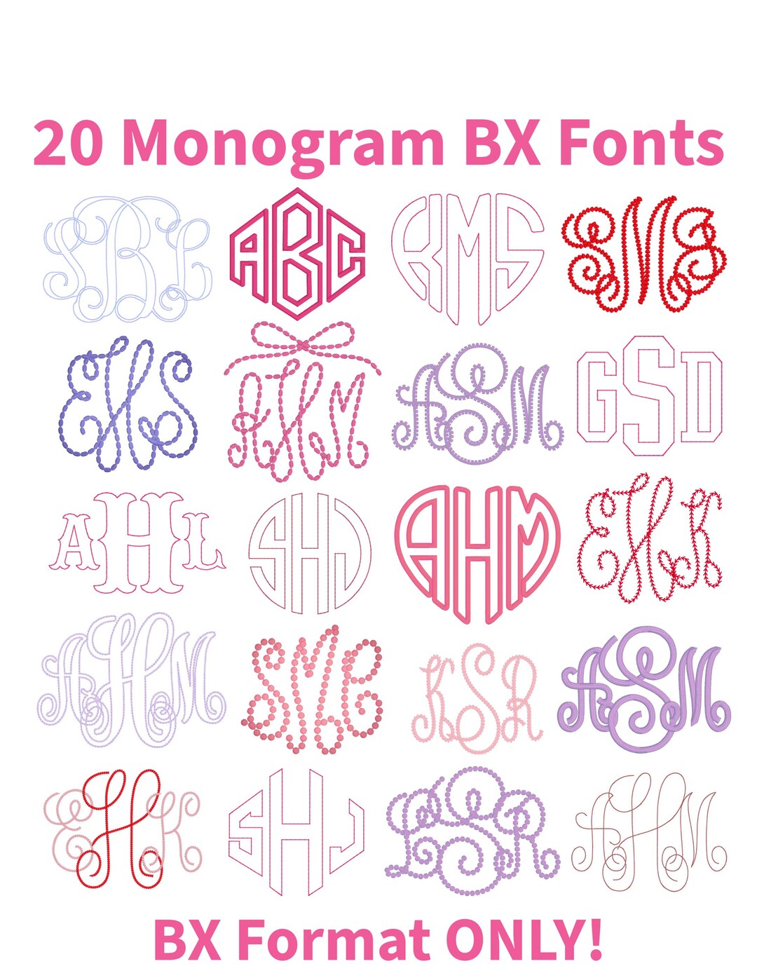 20 Machine Embroidery Monogram BX Font Bundle: Chain, Bean, Satin ...