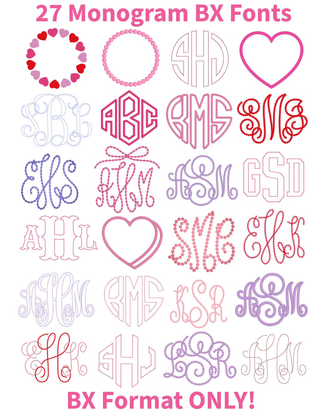 27 BX Embroidery Monogram Font Bundle: Chain, Bean, Satin Stitch, Heart ...