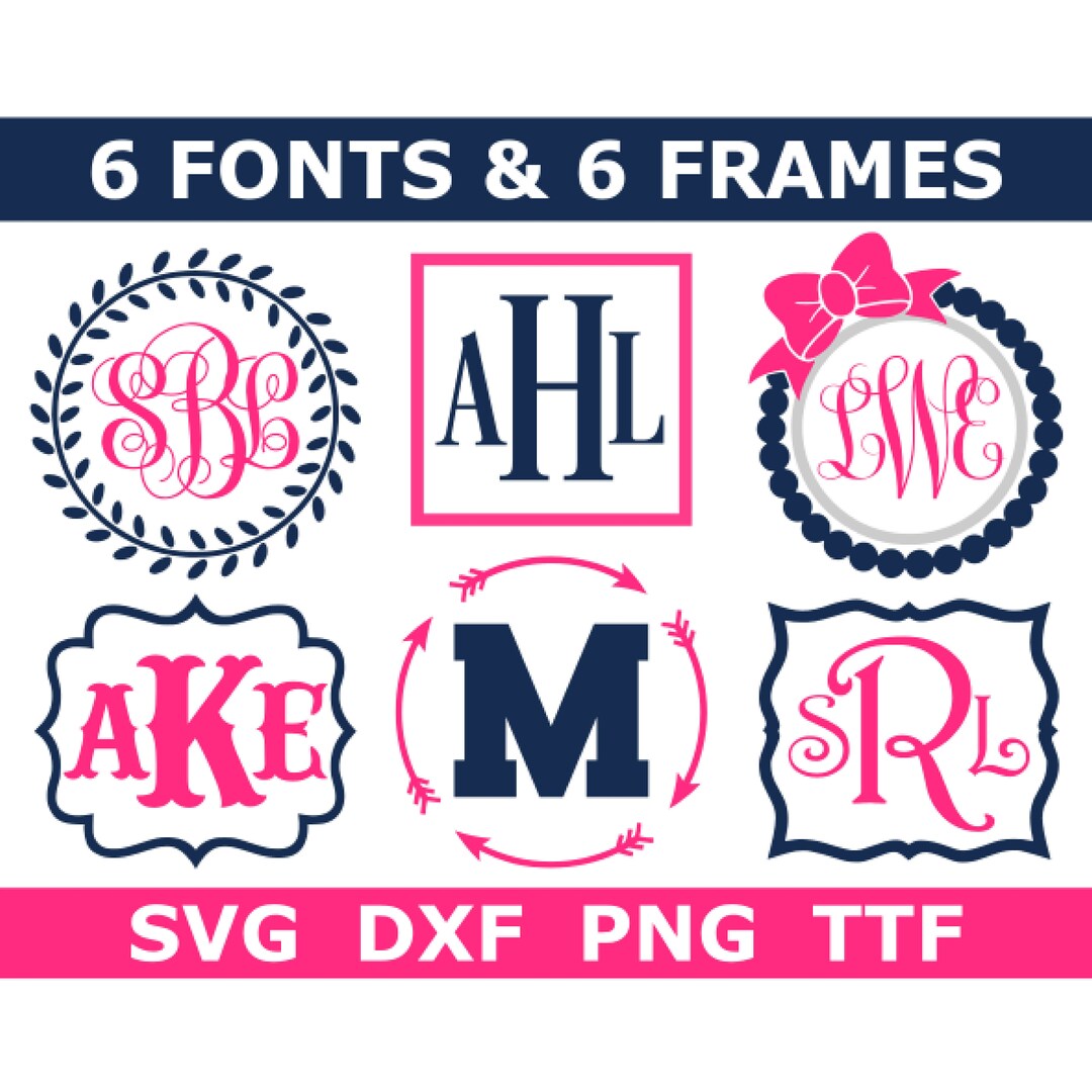 Monogram Bundle SVG + TTF, 6 Monogram Font Alphabets + 6 Frames, School ...