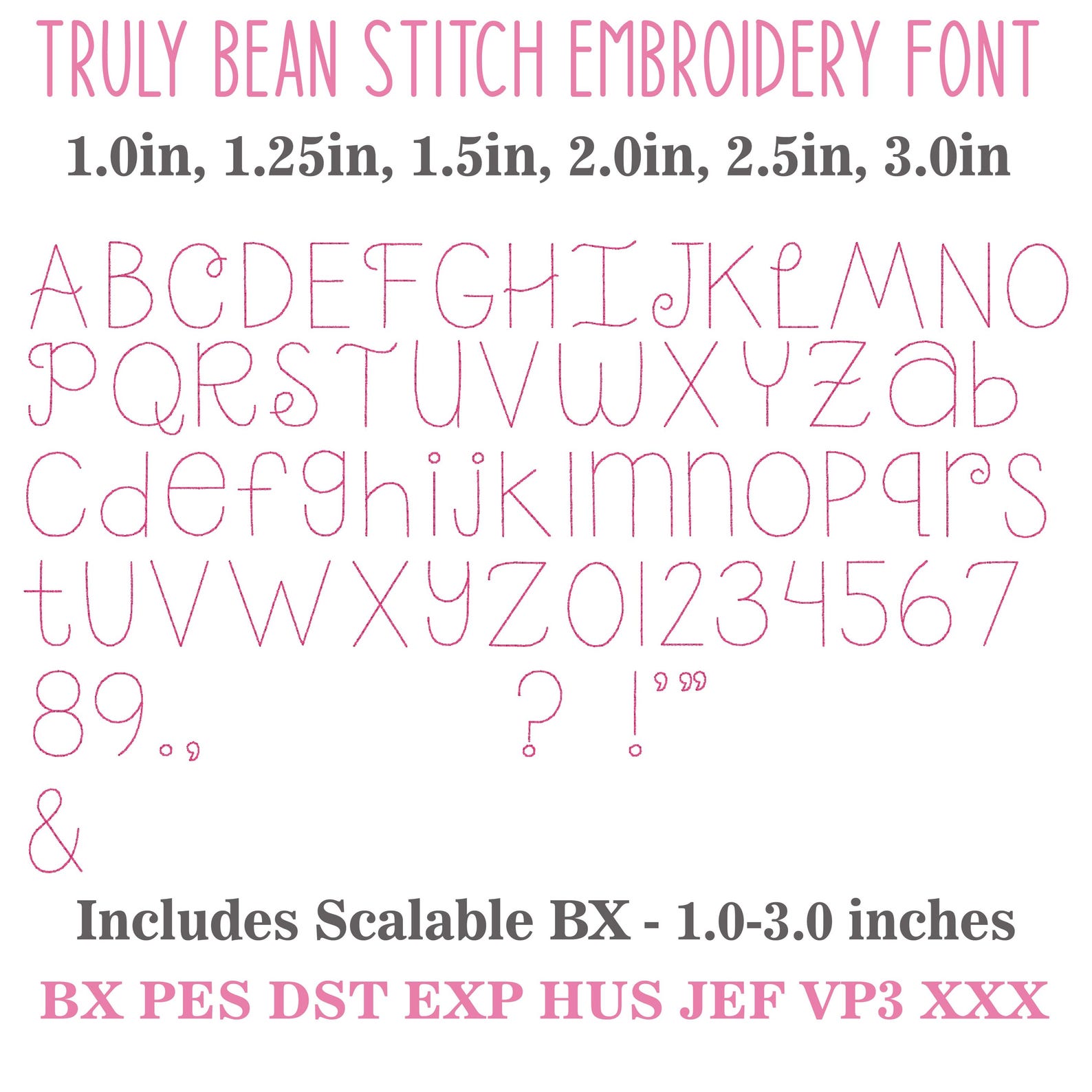 Bean Stitch Embroidery Font: Kids Scalable BX Font 1.0-3.0 Inch, PES ...
