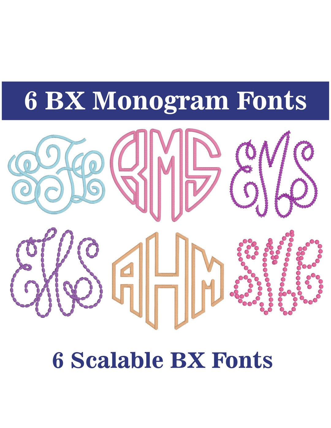 6 BX Embroidery Monogram Fonts Bundle: Pearls Monogram, Chain Monogram ...