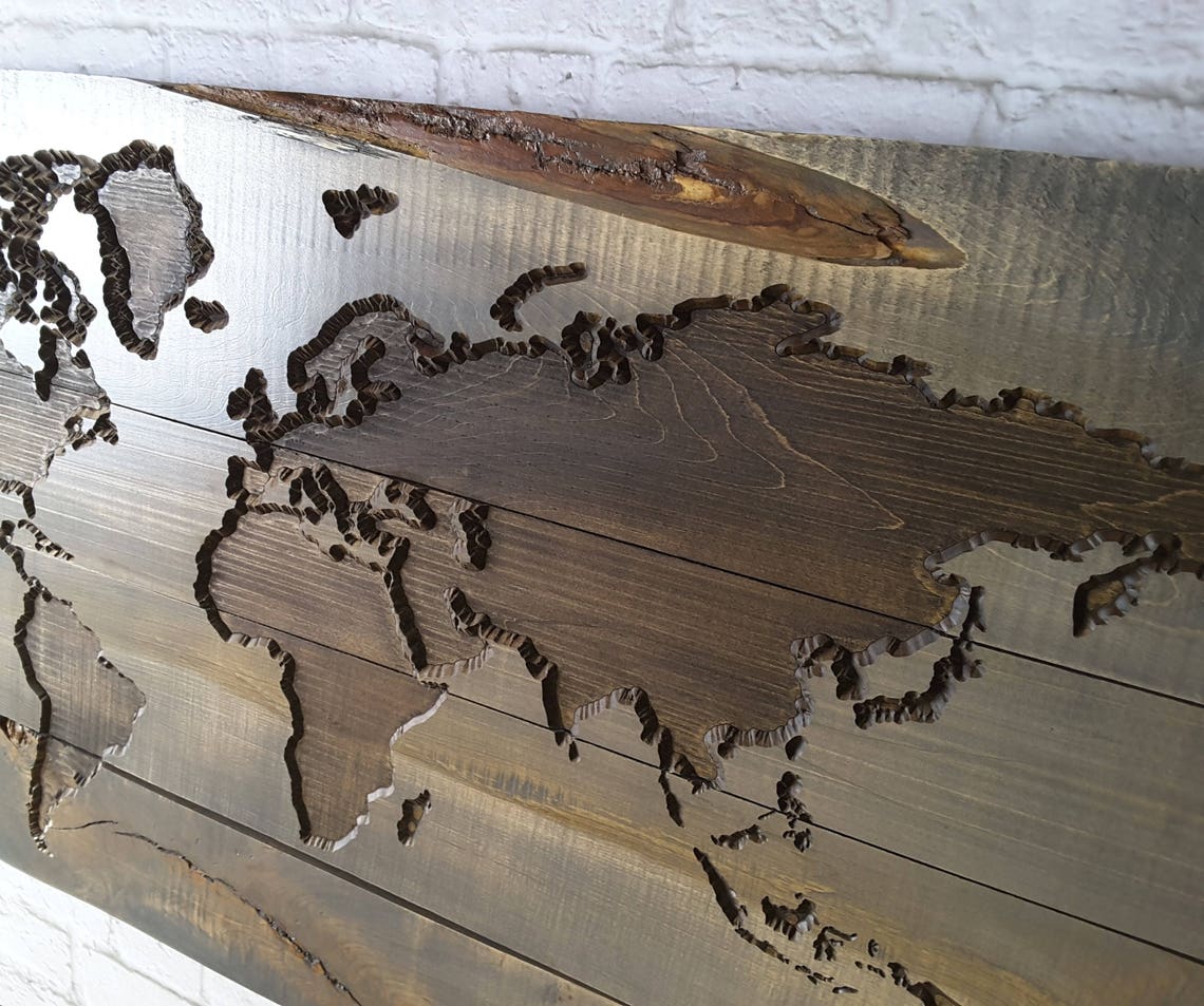 CARVED Wood World Map LIVE EDGE World Map Wall Art Travel - Etsy