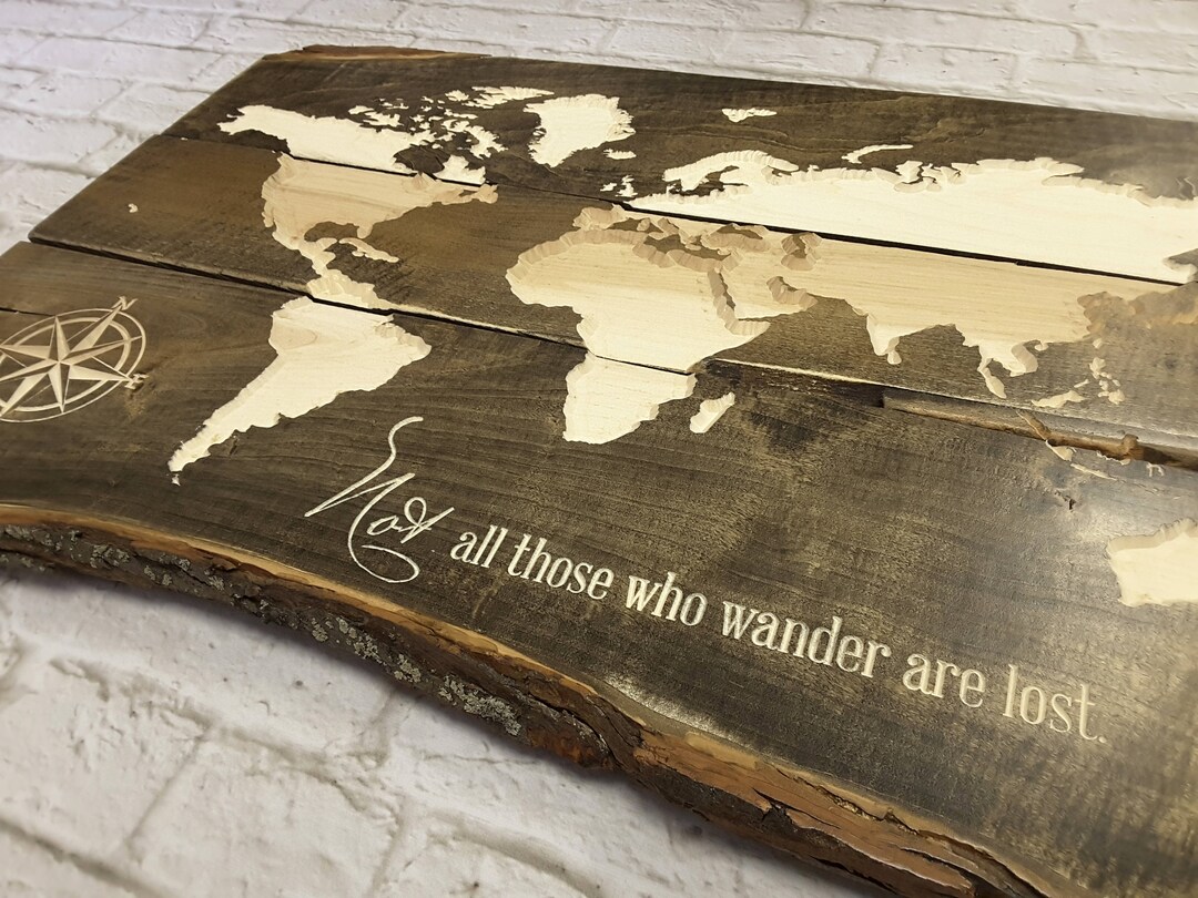 CARVED Wood World Map LIVE EDGE, World Map Wall Art, Travel Décor ...