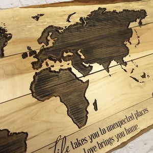 CARVED Wood World Map LIVE EDGE, World Map Wall Art, Travel Décor ...