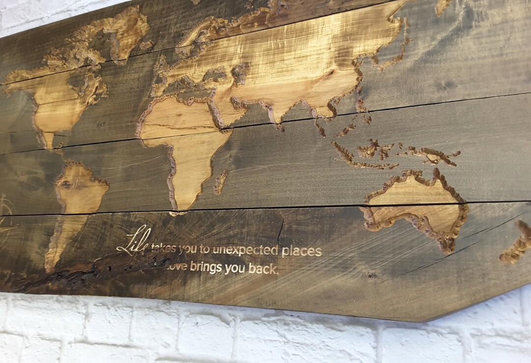 CARVED Wood World Map LIVE EDGE World Map Wall Art Travel - Etsy