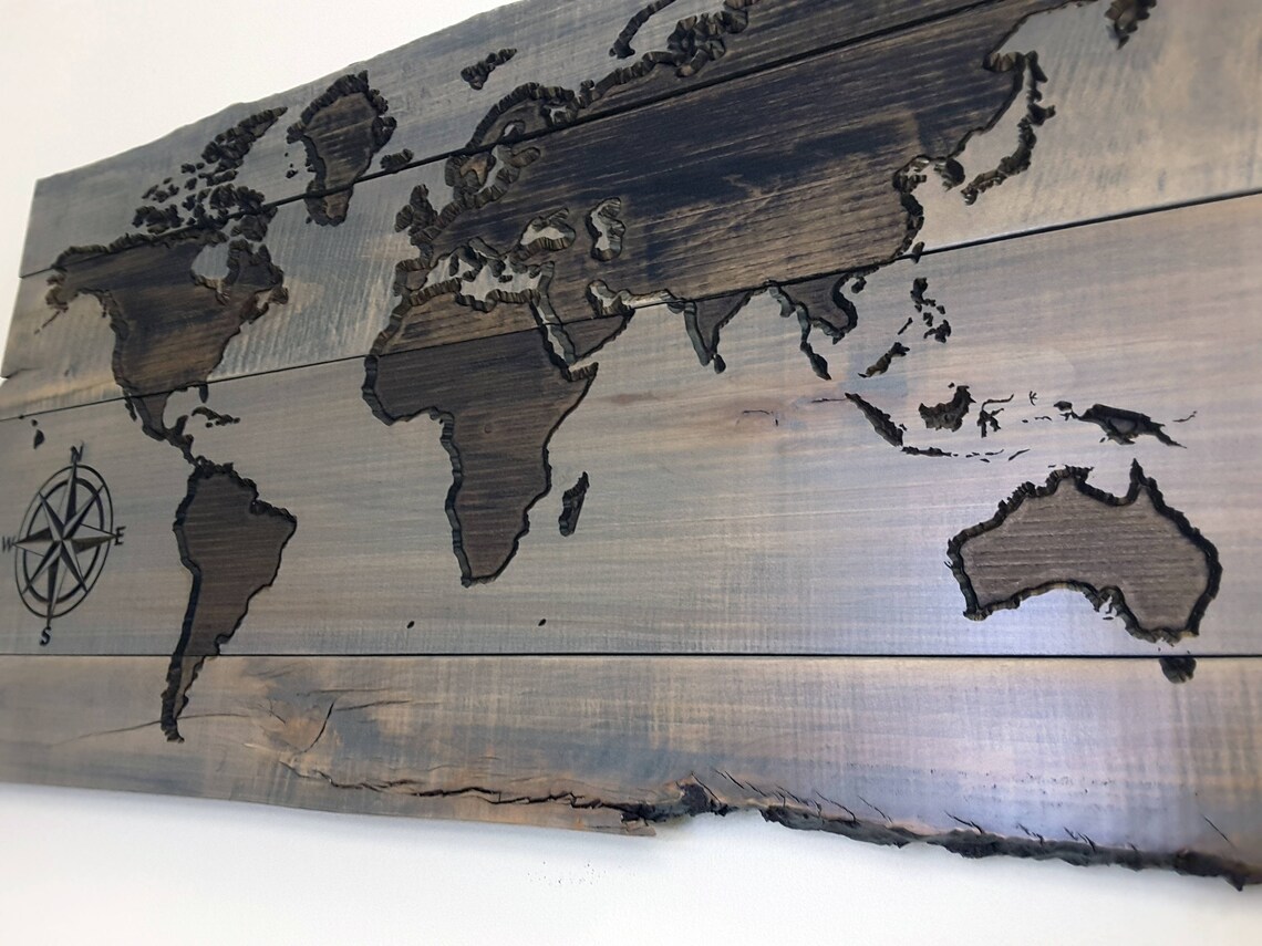 CARVED Wood World Map LIVE EDGE World Map Wall Art Travel - Etsy