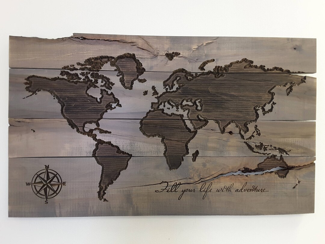 CARVED Wood World Map LIVE EDGE, World Map Wall Art, Travel Décor ...