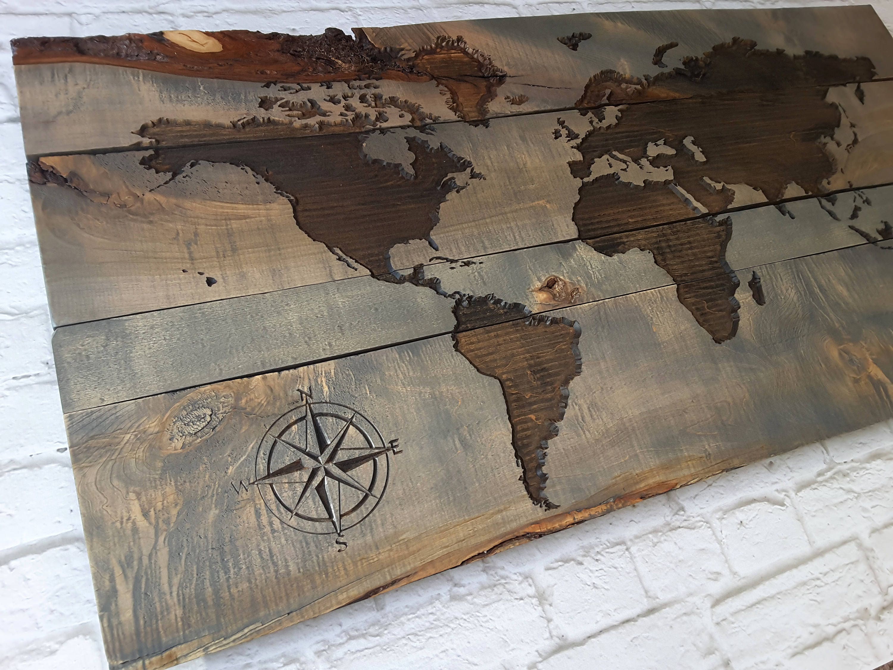 CARVED Wood World Map LIVE EDGE World Map Wall Art Travel - Etsy