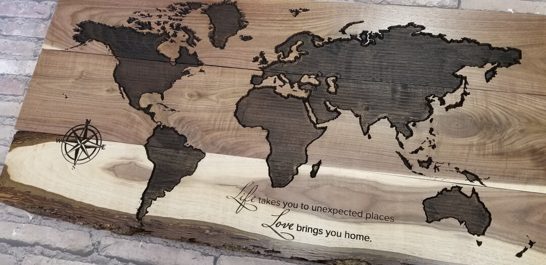 CARVED Wood World Map LIVE EDGE, World Map Wall Art, Travel Décor ...
