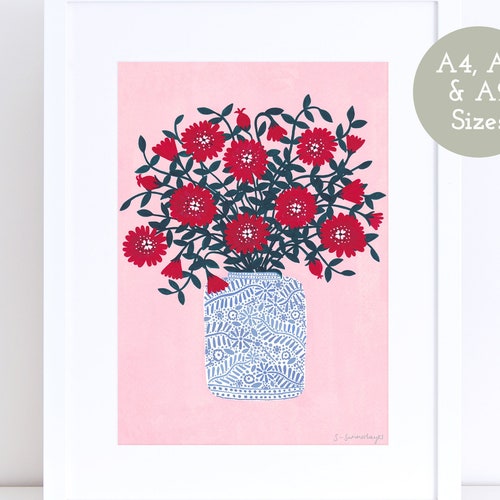Red Flowers Art Print Floral Illustration A4 A3 A2 Sizes - Etsy