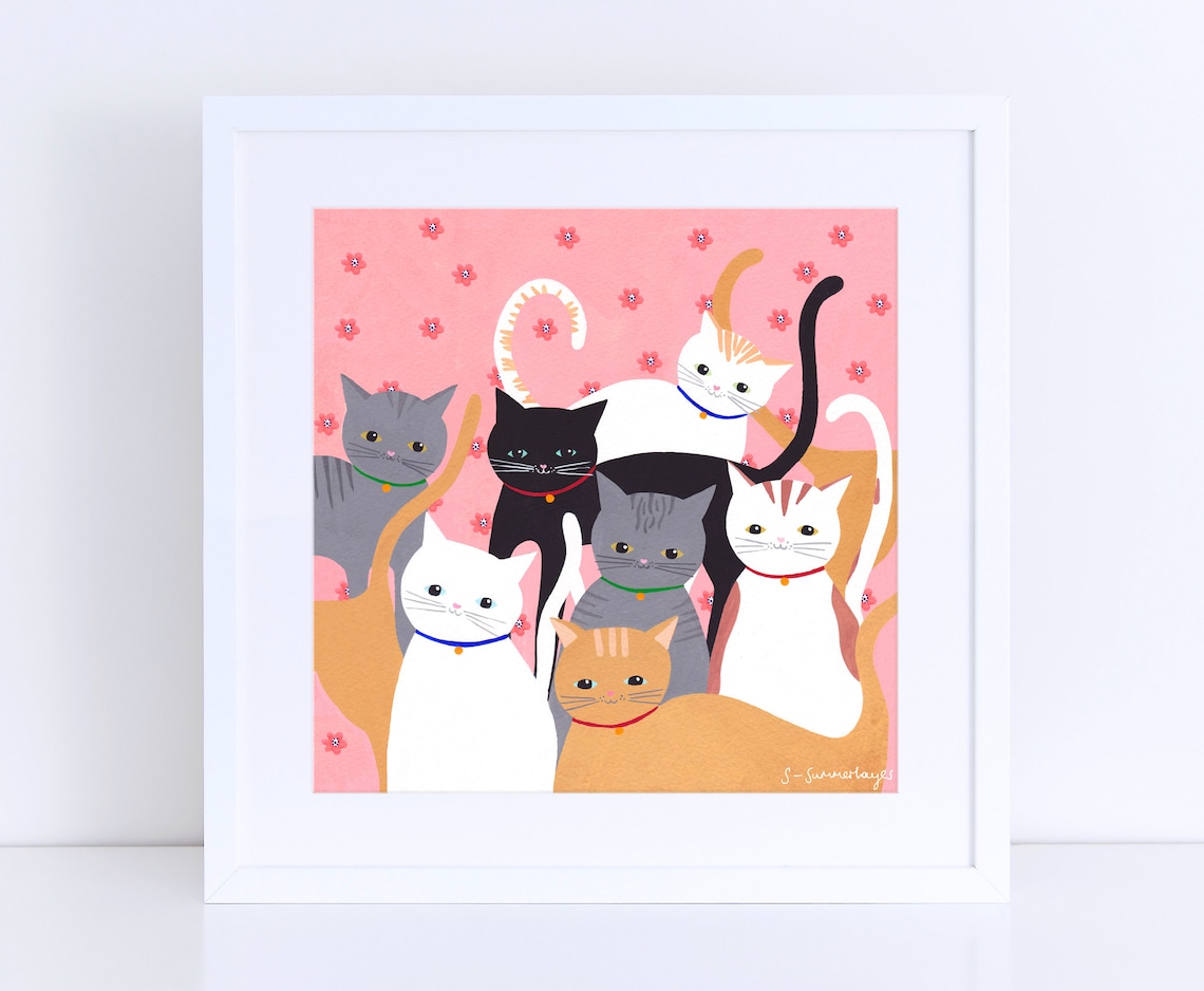 Hello Cats Art Print Giclee Print Cat Print Cat Art - Etsy