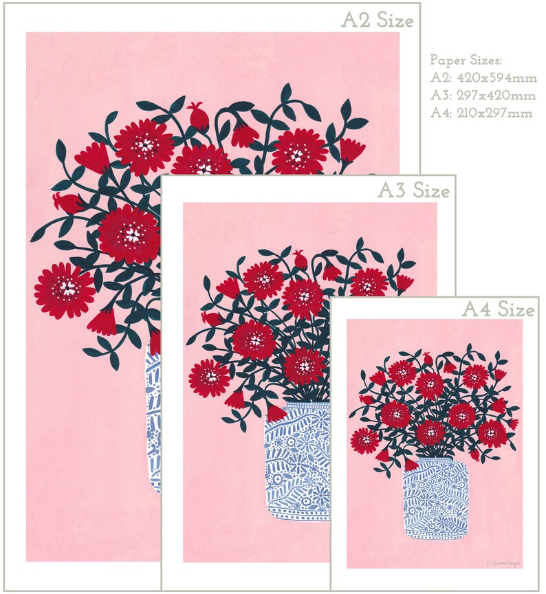 Red Flowers Art Print Floral Illustration A4 A3 A2 Sizes - Etsy
