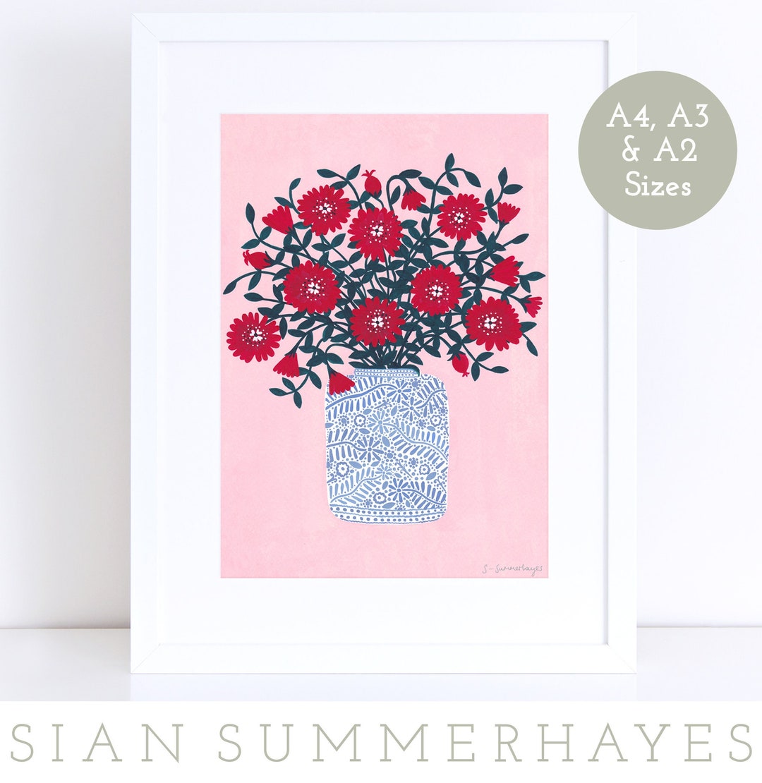 Red Flowers Art Print Floral Illustration A4 A3 A2 Sizes - Etsy