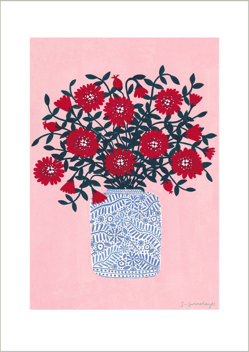 Red Flowers Art Print Floral Illustration A4 A3 A2 Sizes - Etsy