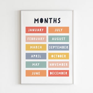 Educational Wall Art, Printable Months of the Year Poster, Boho Numbers ...