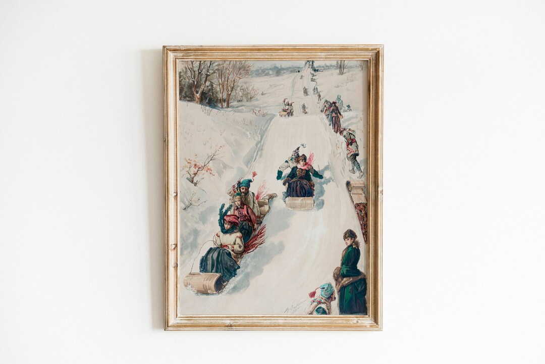 Children on Sleds Printable Wall Art, Tobogganing Print, Winter ...