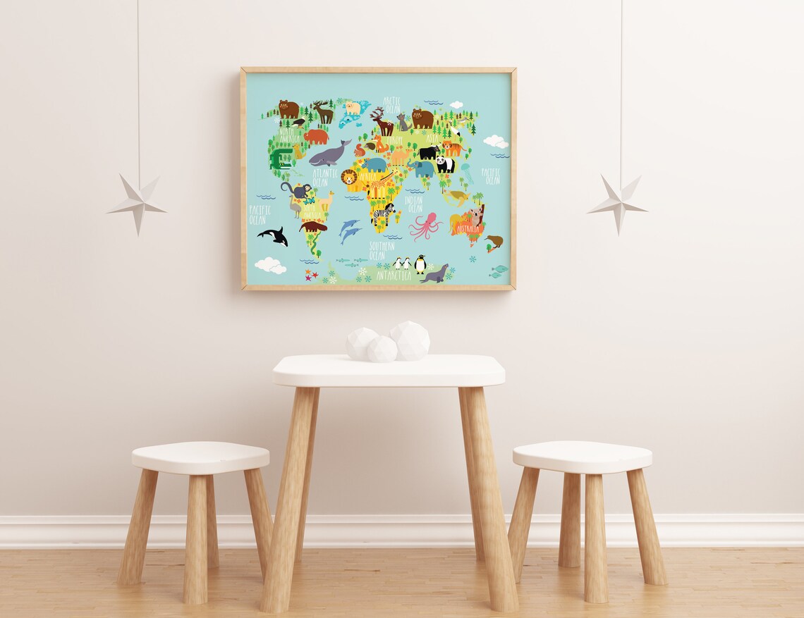 Animal World Map for Kids Room - Nursery World Map Baby Room - Baby Boy ...