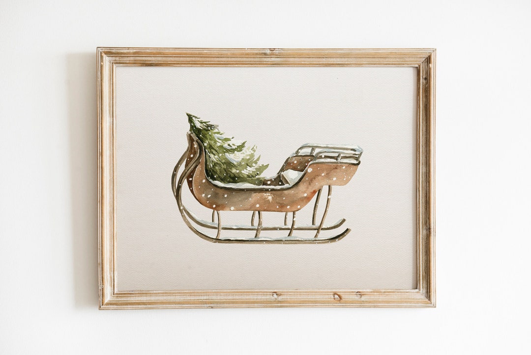 Watercolor Sleigh With Christmas Tree Printable Wall Art,vintage Sleigh ...