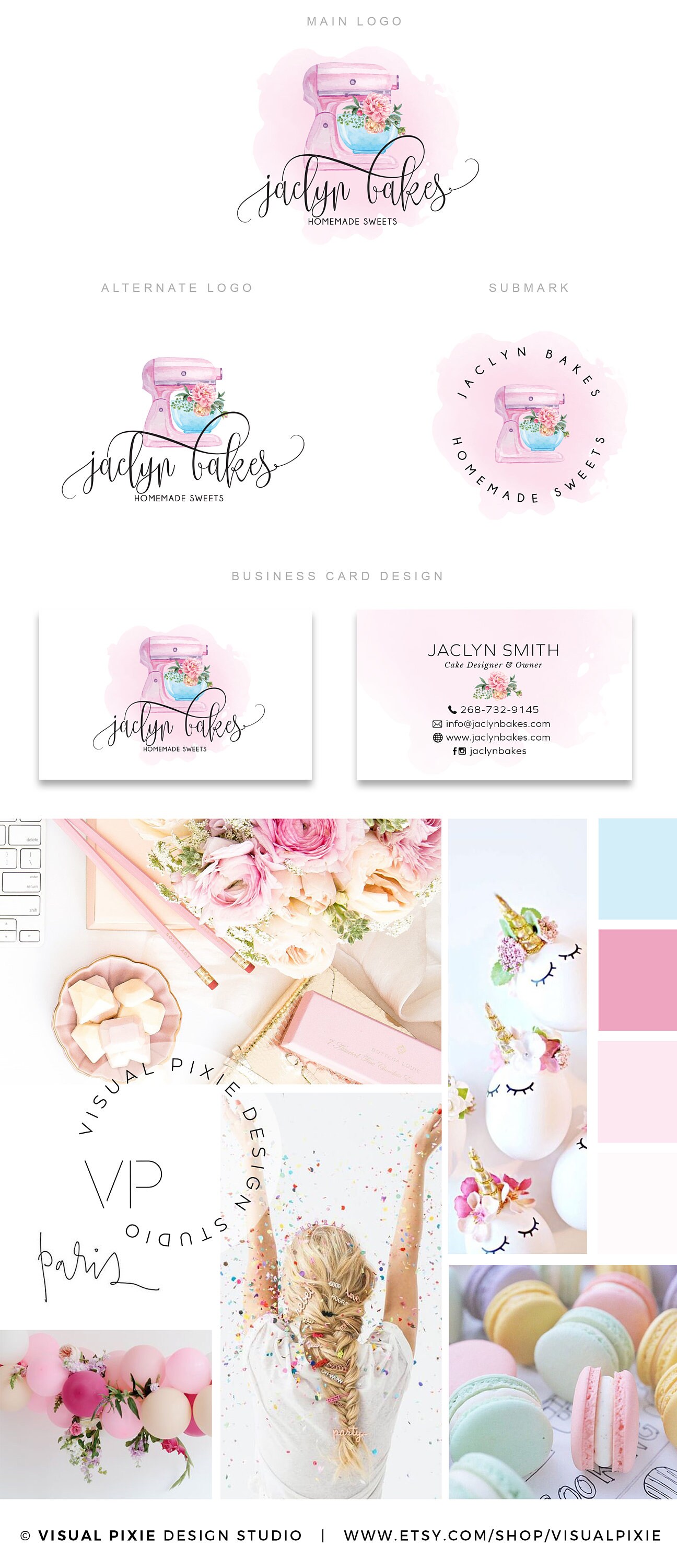 PREMIUM Branding Package - Pink Stand Mixer Logo - Watercolor Cakes ...