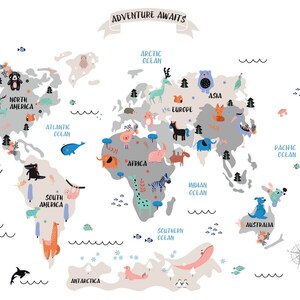 Animal World Map for Kids Room - Nursery World Map Baby Room - Baby Boy ...