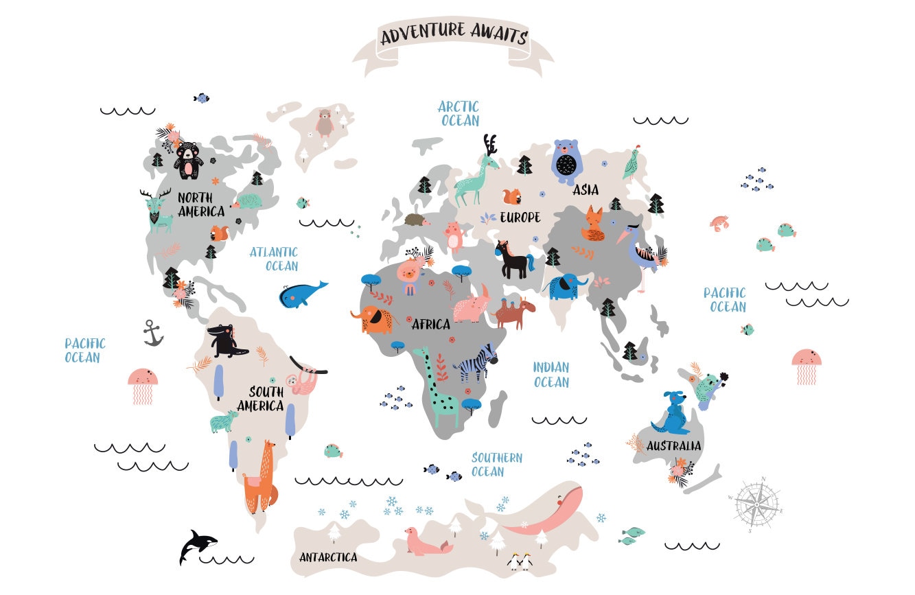 Animal World Map for Kids Room Nursery World Map Baby Room | Etsy