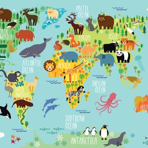 Animal World Map for Kids Room - Nursery World Map Baby Room - Baby Boy ...