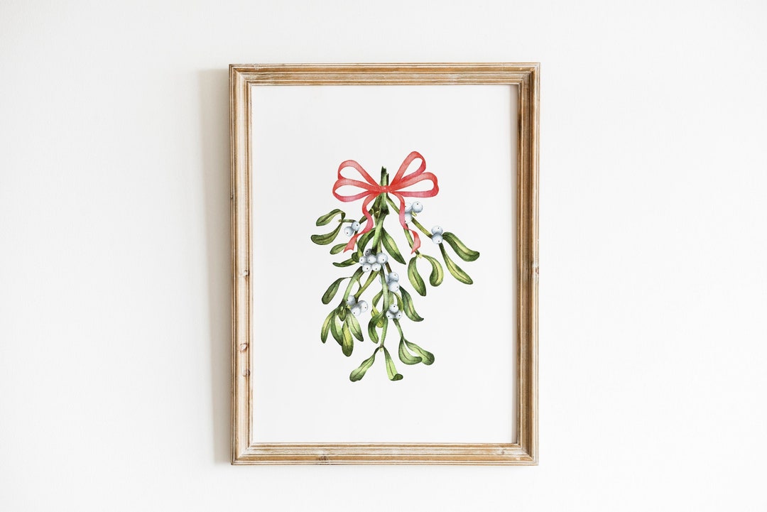 Mistletoe Printable Wall Art, Watercolor Mistletoe Branch Print, Red ...