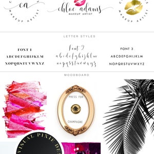 Branding Package - Gold Lips Makeup Artist Logo - Pink Watercolor Lips Logo - Event Planner Logo ...