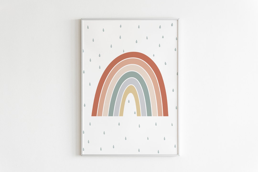 Nursery Rainbow Printable, Watercolor Rain Drops Wall Art, Boho Rainbow ...