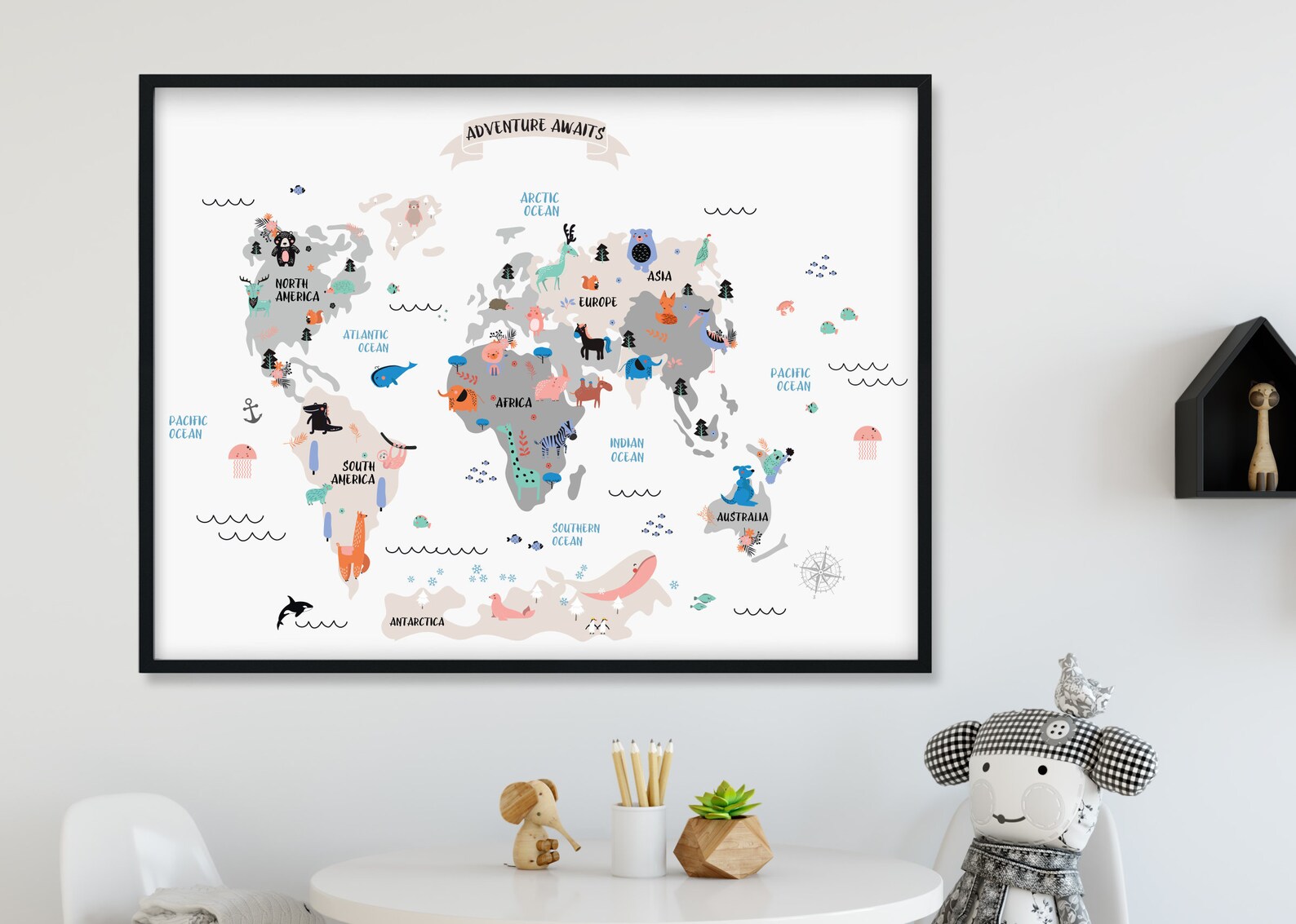 Animal World Map for Kids Room - Nursery World Map Baby Room - Baby Boy ...