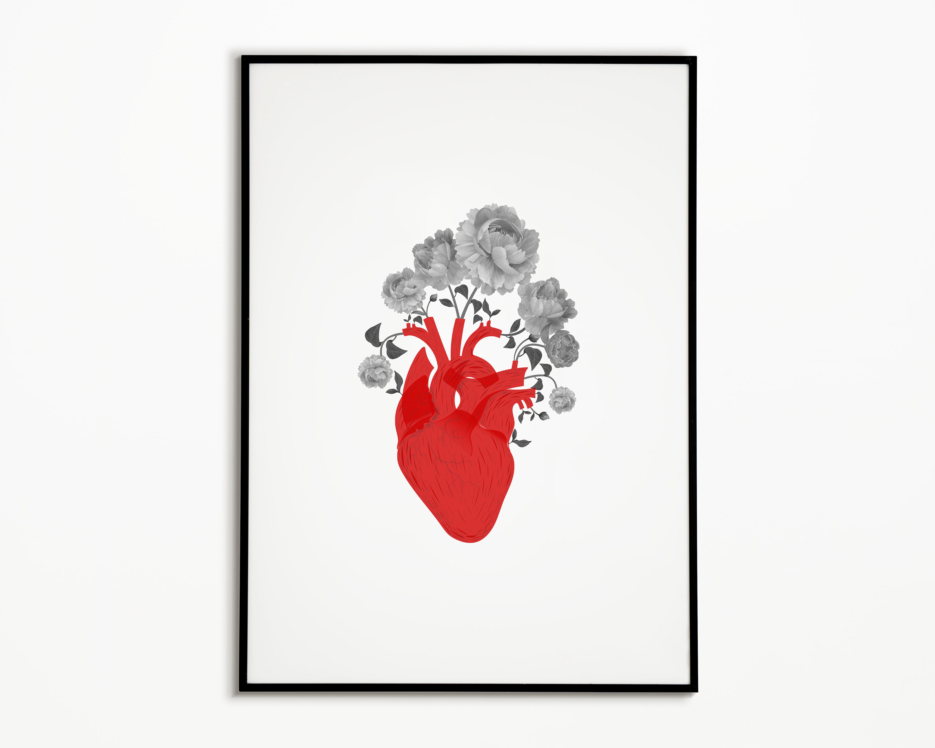 Blooming Heart Wall Art Anatomical Heart Black Flowers | Etsy