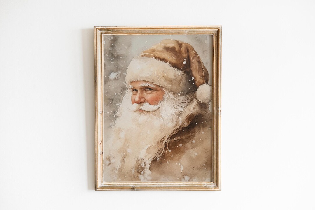 Vintage Santa Claus Portrait Wall Art Print, Neutral Beige Christmas ...