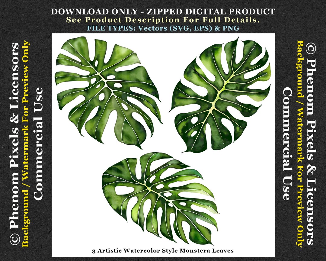Tropical Monstera Leaves Watercolor Style Commercial Use - Etsy