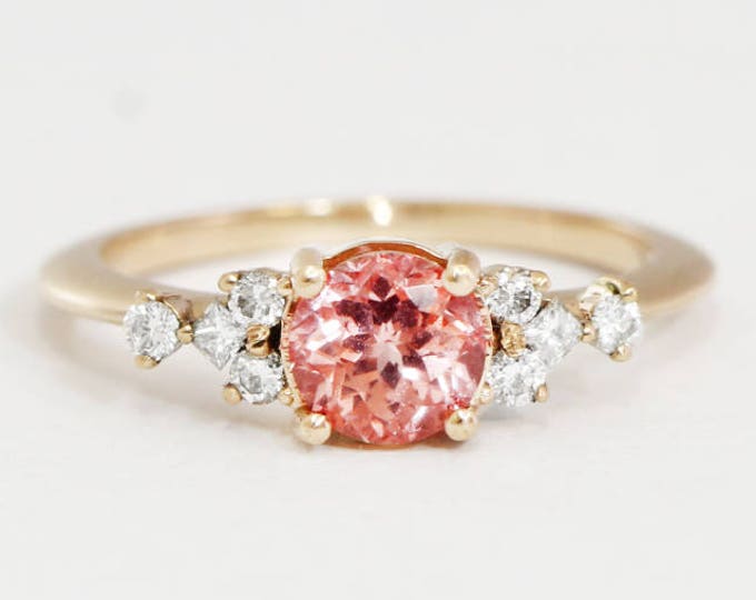 Peach Padparadscha Sapphire and Diamond Engagement Ring Handmade in ...