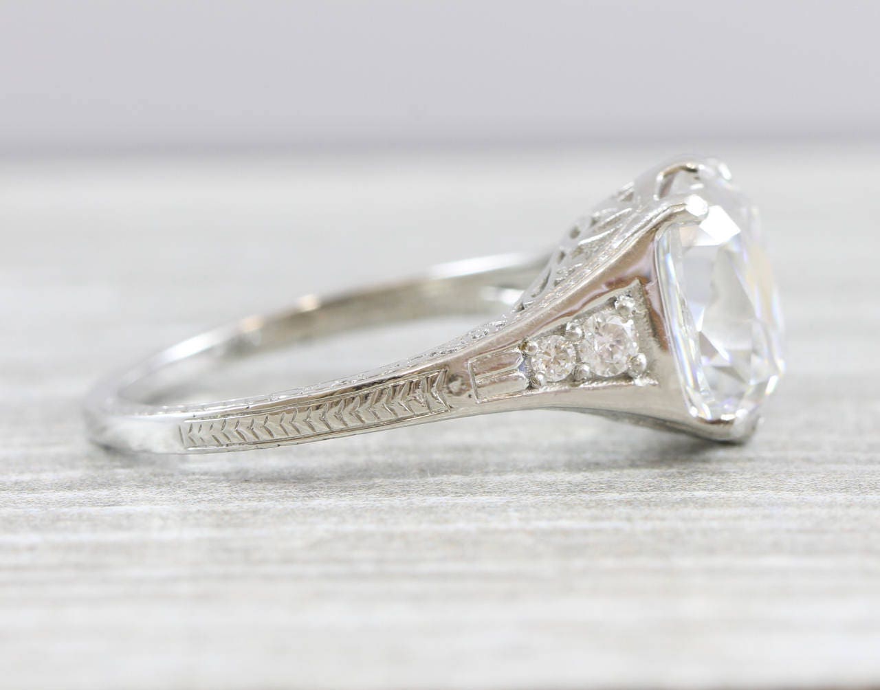 Cushion Moissanite and diamond engagement ring art deco | Etsy